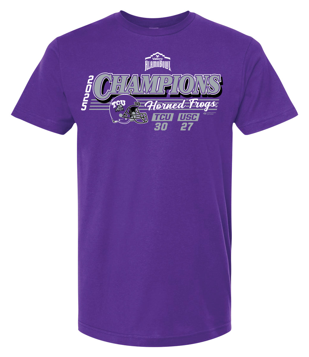 2025 Valero Alamo Bowl TCU CHAMPS SCORE Purple SST – Alamo Bowl Merchandise